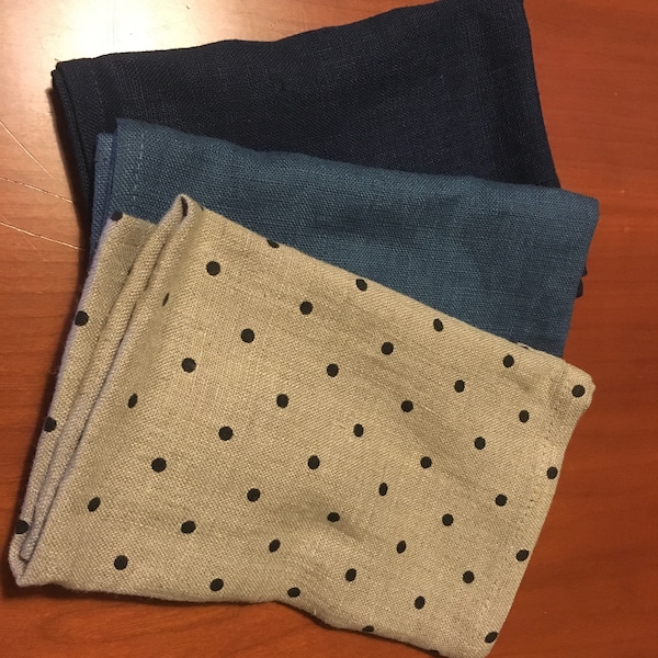 Washed Linen Handkerchief, Soft Linen Pocket Square White Denim Blue ...