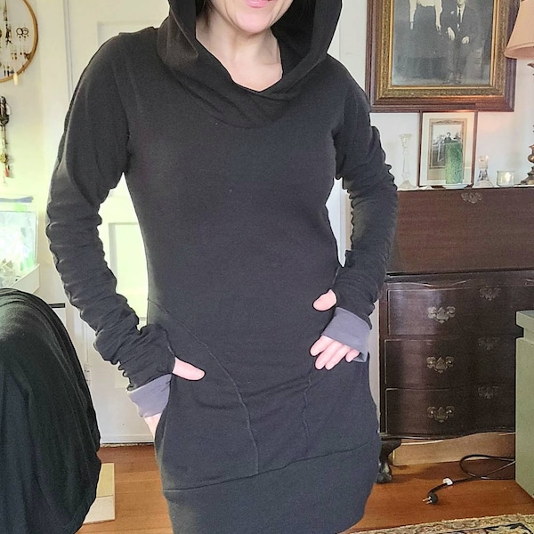 Hooded Tunic Dress With Pockets Black Cement Cuffs Etsy