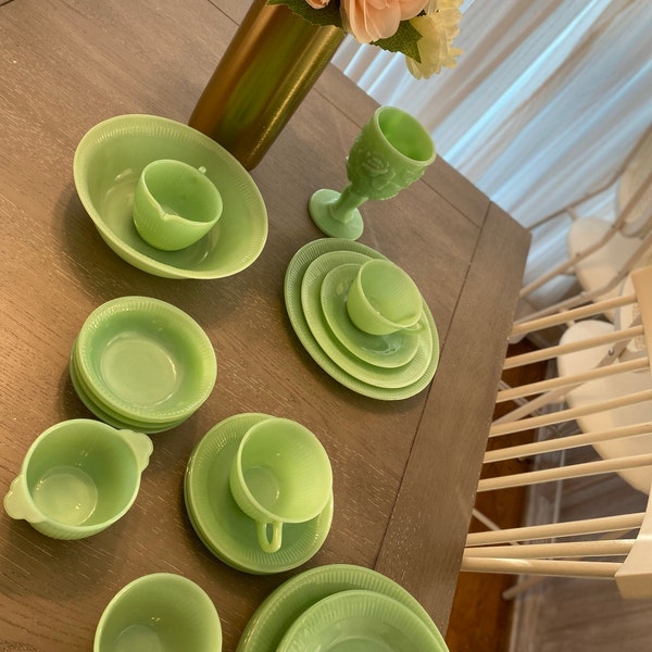 Vintage Fire King Jadeite Dinnerware Set: Jane Ray Green Dishes, 23 ...
