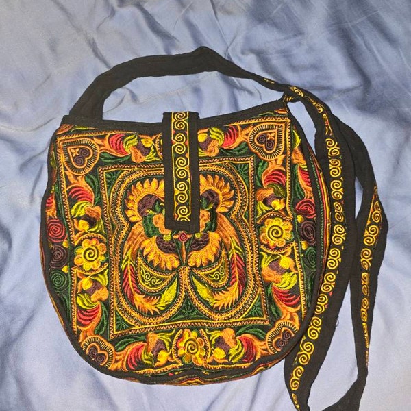 Floral Motifs Hmong Bag Embroidered Crossbody Bag Bohemian Hippie Boho ...
