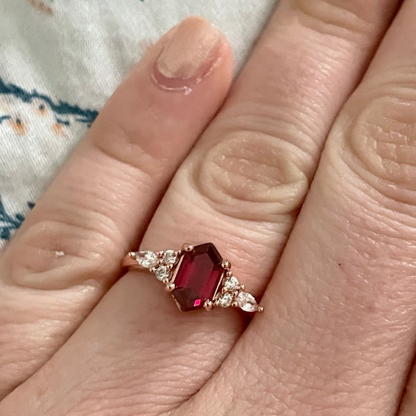 Hexagon Ruby Ring 14K Rose Gold Vermeil Gemstone Engagement Ring for Women -dainty Promise Ring ...