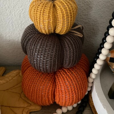Knit Pumpkins Fall Decor Autumn Display Thanksgiving Centerpiece Rustic ...