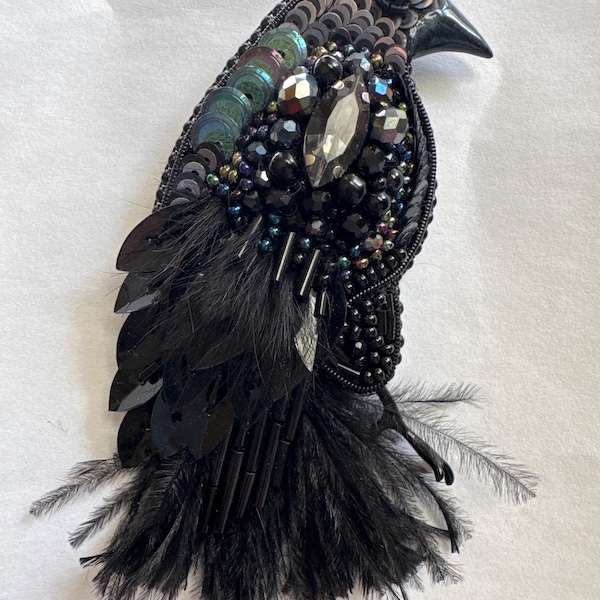 Fine Jewelry Beaded Brooch Pin, Raven Brooch, Black Bird Jewelry ...