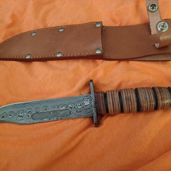 Handmade Damascus Kabar Bowie Knife With Leather Sheath | Hunting Knife ...