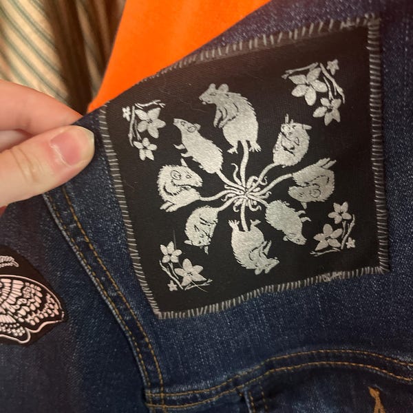 Rat King- Silver Screen Print Fabric Patch 8x8cm- Goth, Rat Lover Gift ...