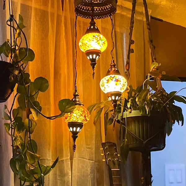 Turkish Ceiling Lighting, Turkish Pendant Lamp, 3 Globe Mosaic Hanging ...