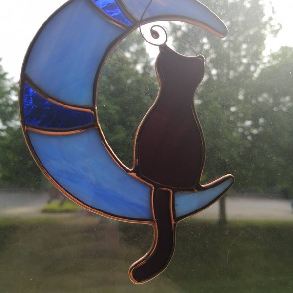 Stained Glass Cat on Moon Window Hangings Suncatcher, Pet Lost Gift ...