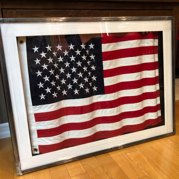 Framed Real Cotton Embroidered American Flag, USA Flag in Shadow Box ...