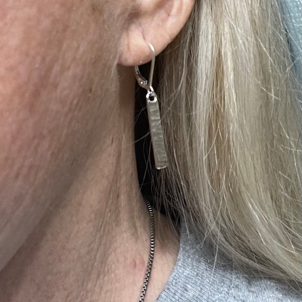 Minimalist Rectangle Drop Earrings, Hammered Silver Nickel Free Bar ...