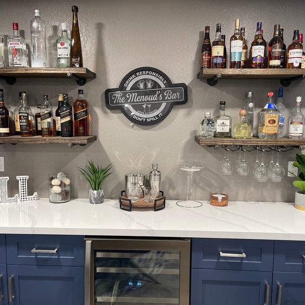 Long Rustic Beverage Bottle Floating Shelf, Rustic Wood & Pipe Shelf ...