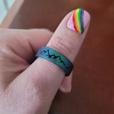 Forest or Mountain Silicone Ring in Iridescent Green or Blue Dual Layer ...
