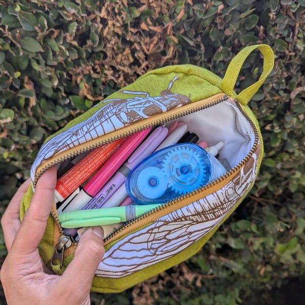 Cicada Zipper Pouch: Hand Screenprinted Cotton Canvas Pencil Bug Insect ...