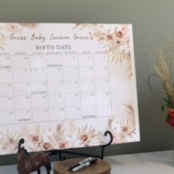 Editable Pampas Grass Baby Shower Due Date Calendar, Boho Baby Shower ...