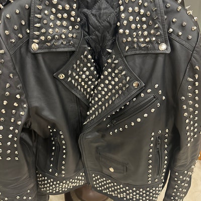 Women's Handmade Long Spiked Leather Jacket Brando Punk Silver Fully ...