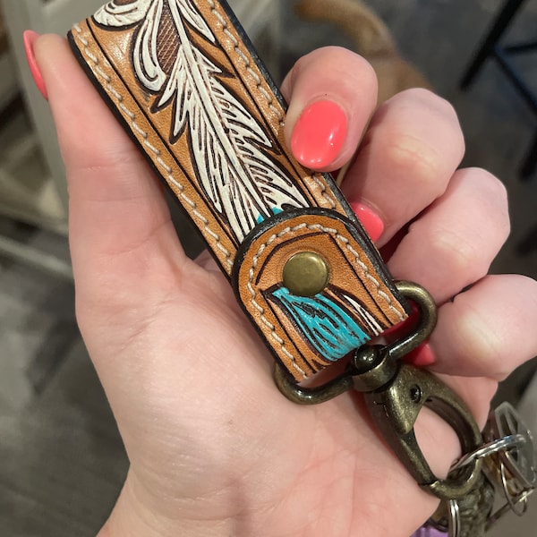 Tooled Leather Tab Key Fob - Etsy