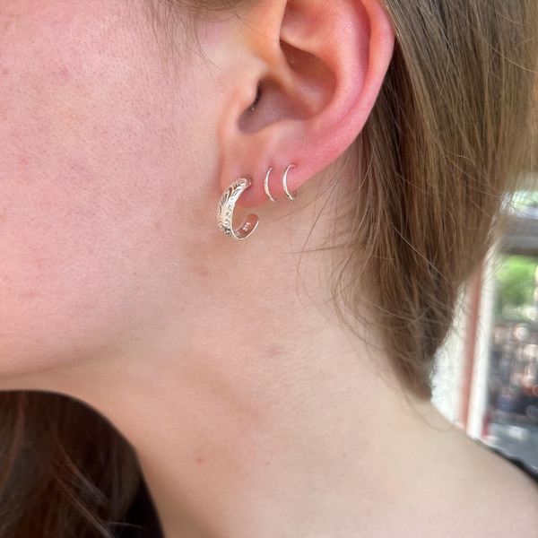 Sterling Silver Half Textured Tiny Twist Earrings | Double Hoop ...