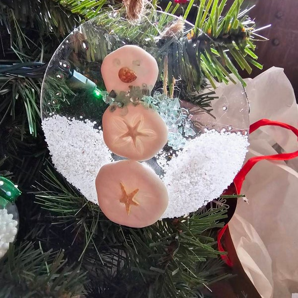 Coastal Christmas Ornament – Sand Dollar Snowman, Crushed Glass Resin ...