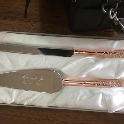 Engraved Rose Gold Cake Server Set With Crystals, Rose Gold Wedding ...