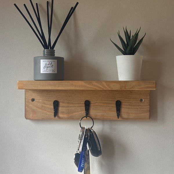 Handmade Wall Mounted Key Holder With Shelf “silver Hooks” Key Holder ...