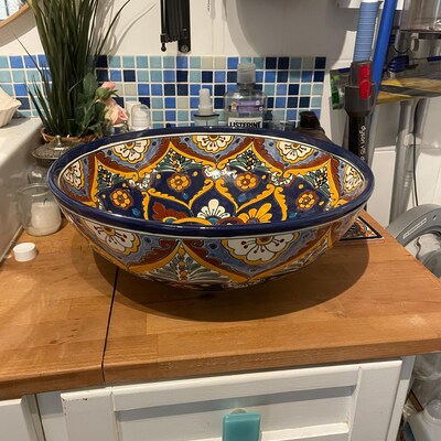 FRIEDA Mexican Handpainted Washbasin Round Sink MEDIUM Talavera Ceramic ...