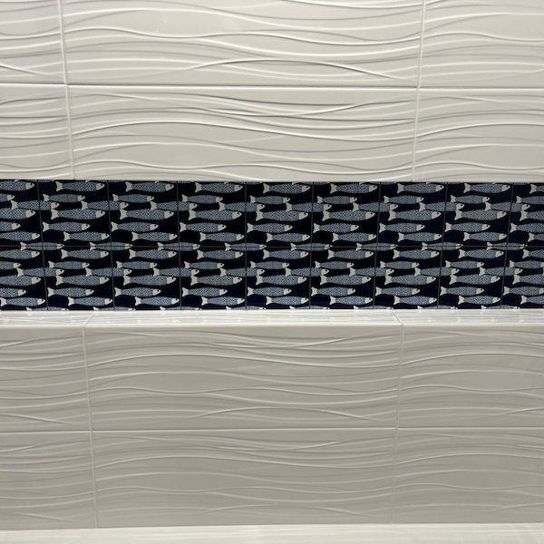 Navy Blue Fish Tile, Ocean Tile Feature Wall, Fish Decor, Pattern ...