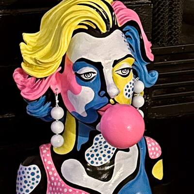 Pop Art Woman Bust With Gum, Modern Handmade Statue,painted Colorful ...