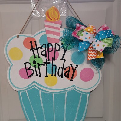 Happy Birthday Door Hanger, Cupcake Door Hanger, Wood Door Hanger ...