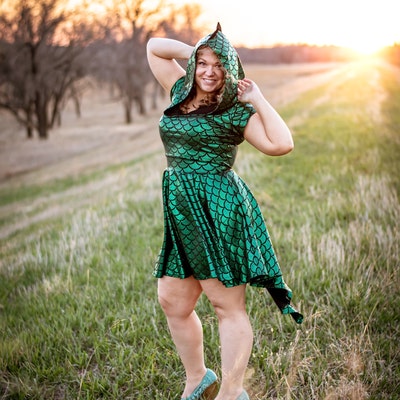 Black Dragon Scale Cap Sleeve Hoodie Skater Dress With Dragon Tail ...