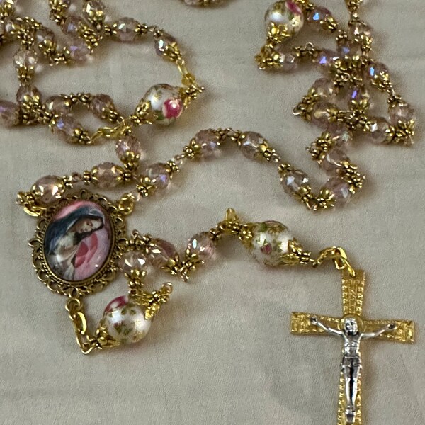 Bronze Rosary-antique Style-virgin Mary Glass Cameo Center-pink Capped ...