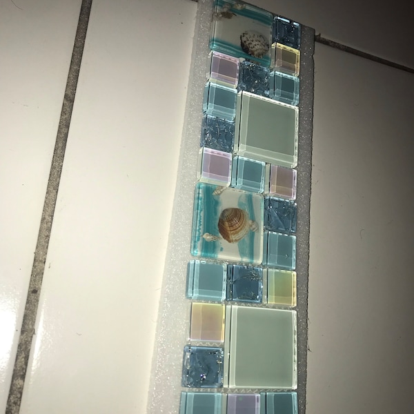 Coastal Sea Shell Glass Mosaic Tile, Ocean Blue Backsplash, Iridescent ...
