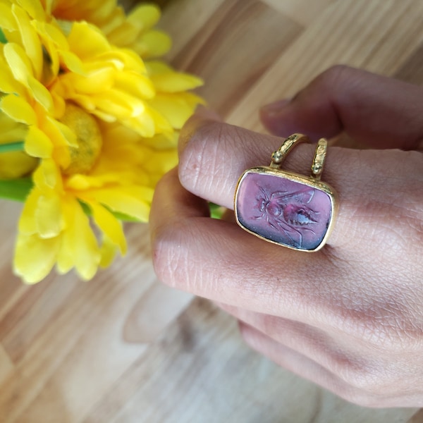 Handmade Enamel Bee Ring: 925 Silver, 24k Gold Vermeil, Roman Intaglio ...