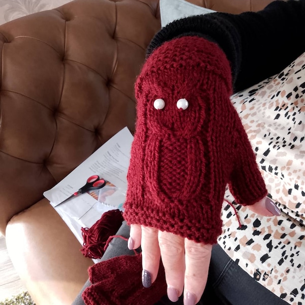 Knitting Pattern Owl Fingerless Gloves Knit Flat on 2 Needles Easy ...