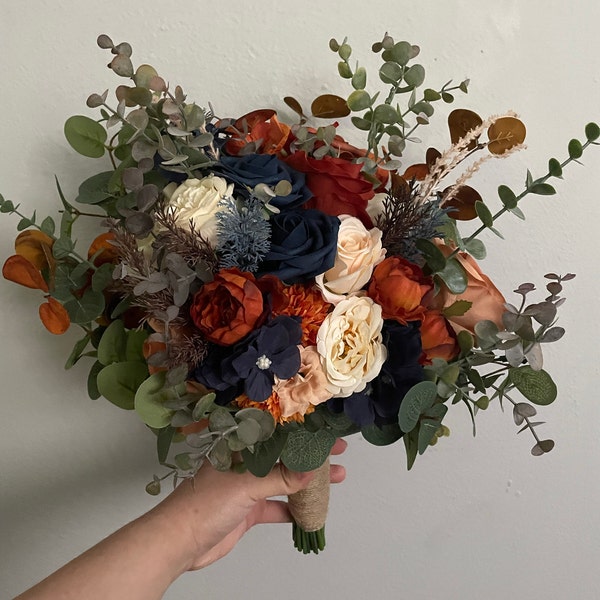 Wedding Bouquet With Navy Blue and Rust Orange Flowers, Bridesmaids ...
