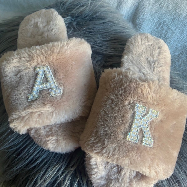 Personalised Fluffy Slippers With Choice of Pearl Letters or Varsity ...