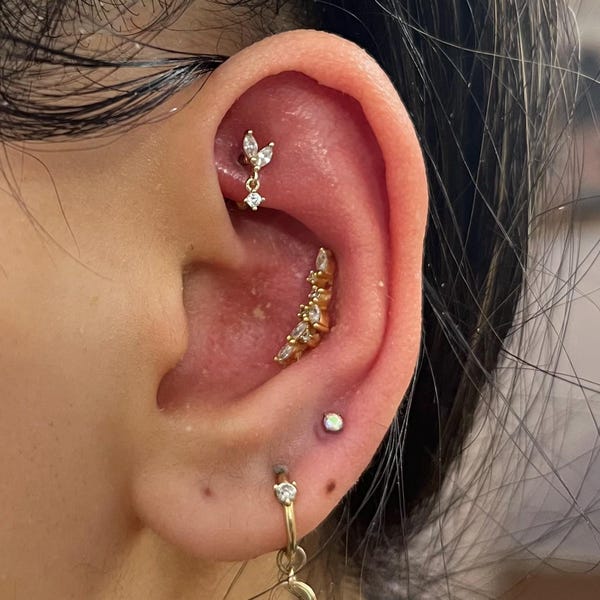 14k Solid Gold Chain Stud Earrring Cartilage Chain Helix Stud Conch ...