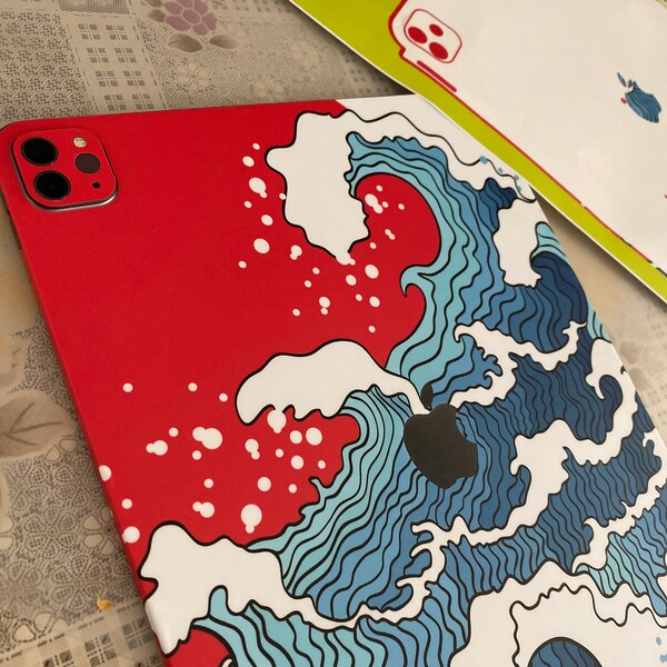 Japanese Wave Art iPad Pro Skin | Red Background Vibrant Blue Waves ...