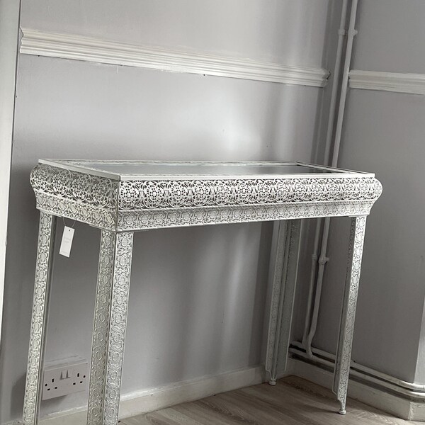 Silver Moroccan Embossed Metal Glass Console Side Hall Dressing Table ...
