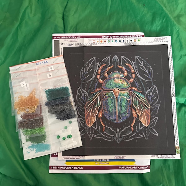 Bead Embroidery Kit Emerald Beetle, Insect Embroidery, DIY Beaded Bug ...