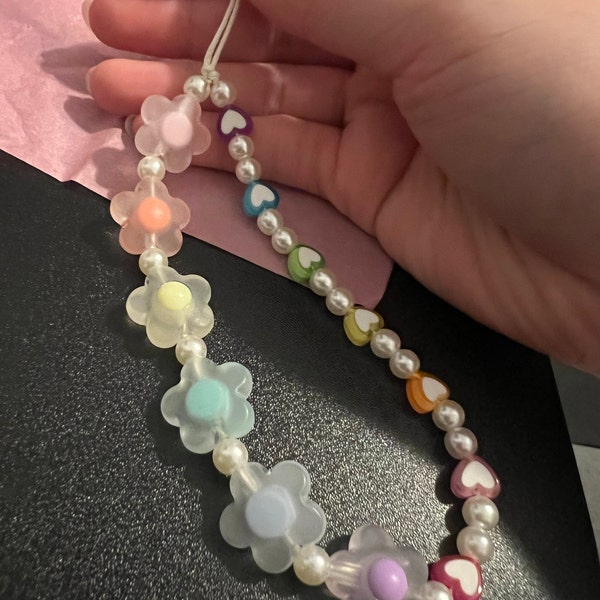 Handmade Phone Charm Strap | Flower Heart Beads | Pearl Beads | Rainbow ...