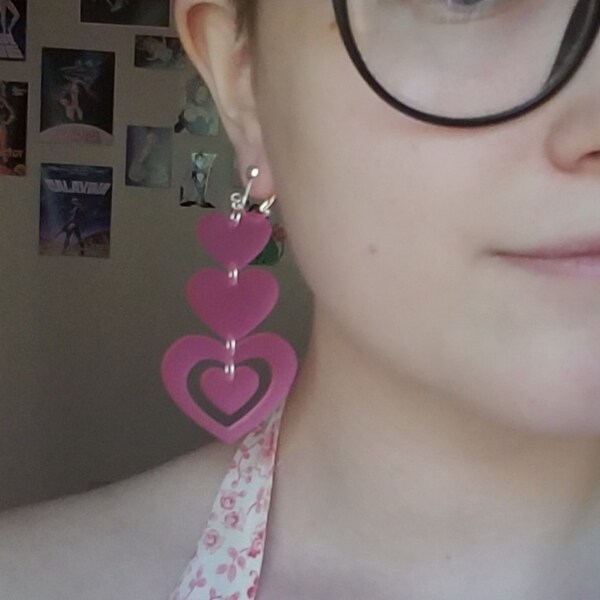 Frosted Pink Nesting Hearts Acrylic Earrings, Laser Cut Heart Statement ...