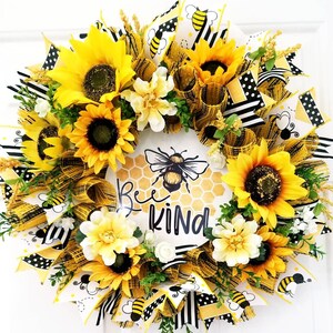 Bee Wreath Sign Bee Kind Sign Honeycomb Decor Metal Wreath Sign Round ...