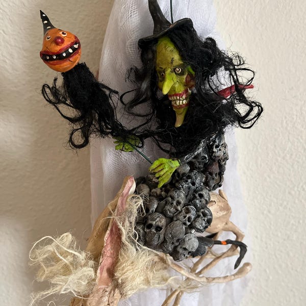 Handmade Paper Mache Creepy Halloween Witch Relaxing on Spooky Crescent ...