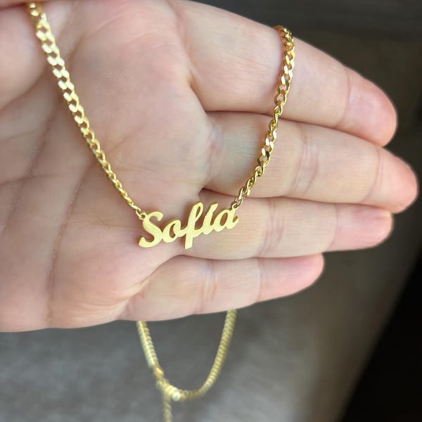 14k Gold Name Necklace With Curb Chain for Women, Personalized Gift ...