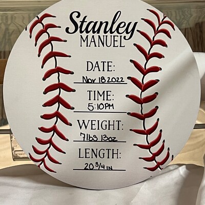 Baseball Birth Stat Sign Baby Name Sign Round Wooden Personalized Baby ...