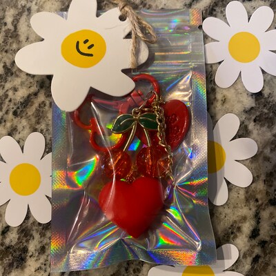 Pink Cherry Keyring With Heart Clasp, Cute Heart Keychain, Keychain ...