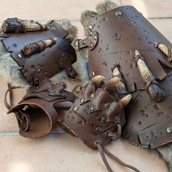 LARP Leather Bracers: Berserker Barbarian Armor With Bone Detail - Etsy