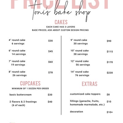 Bakery Price List Template, A4 & US Letter Boho Editable Pricing Guide ...