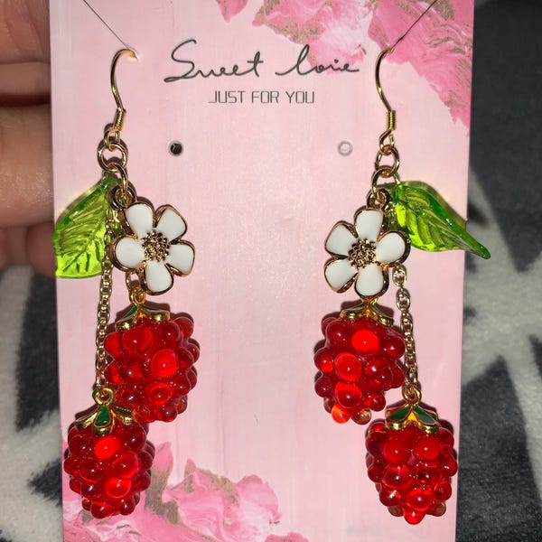 Raspberry Earrings Glass Fruit Earrings Food Jewelry Dangle & Drop ...