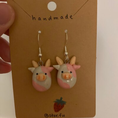 Strawberry Cow Clay Earrings Handmade, Handpainted, Cute - Etsy