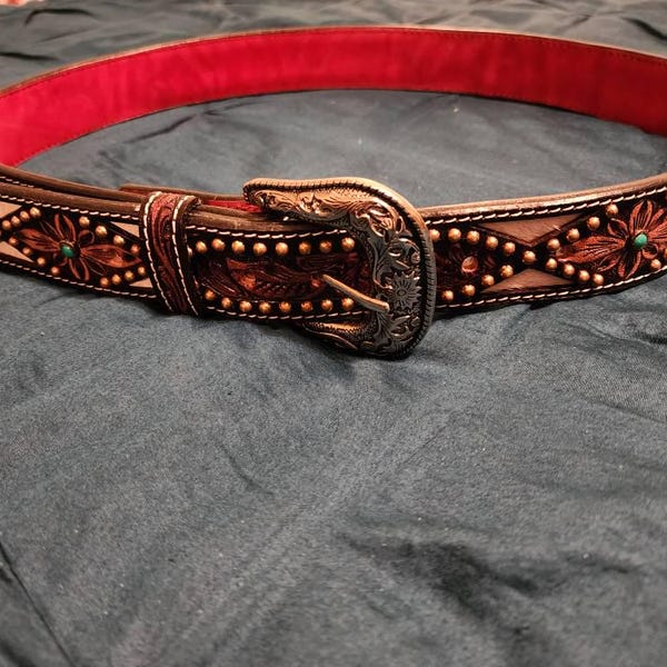 Tooled Western Floral Engraved Leather Belt With Buckle 100% Genuine ...